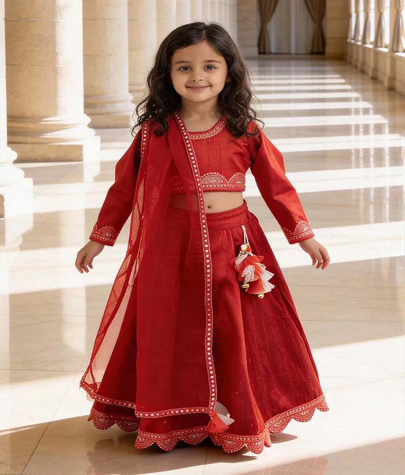 Red Raw Silk Lehenga Choli Set – FayonKids