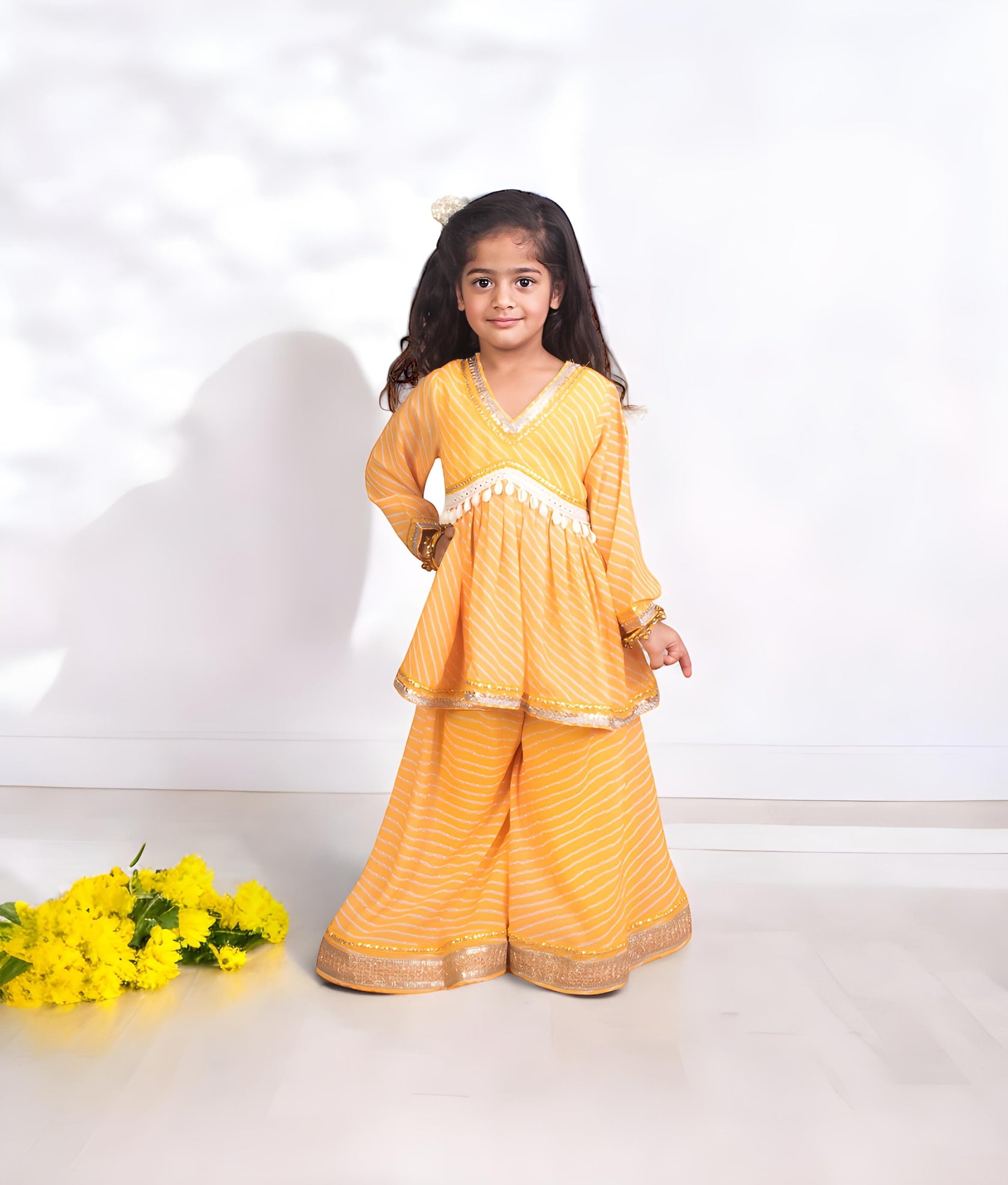 Yellow Bandhej Peplum Kurti with Bandhej Sharara – FayonKids