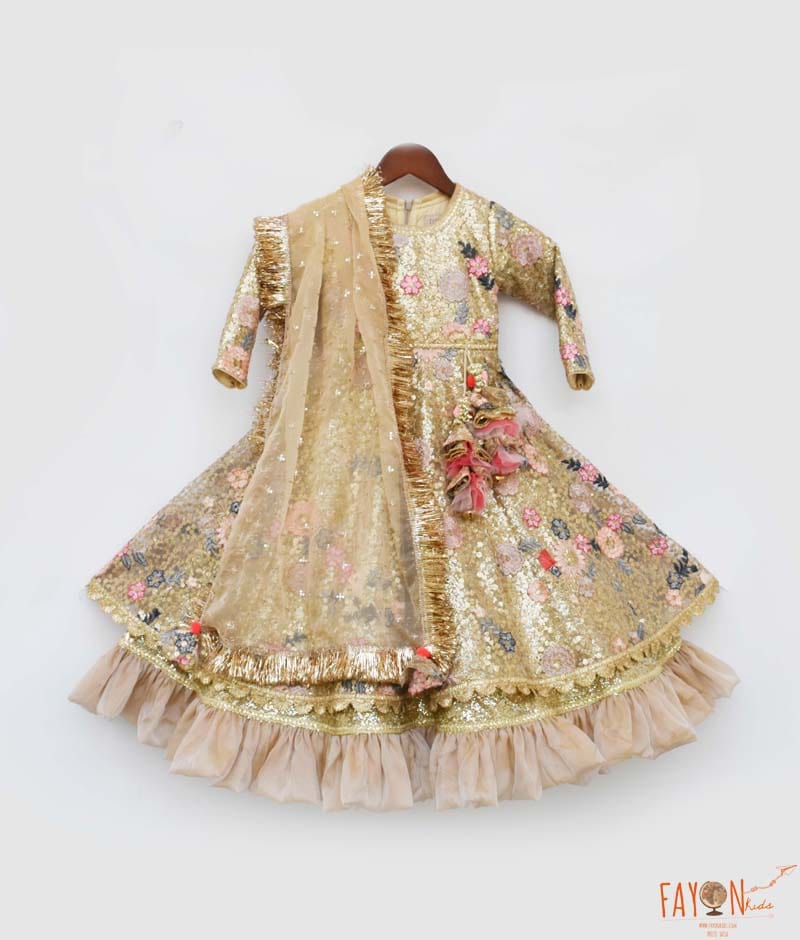 Buy Golden Sequence Anarkali with Dupatta for Girls Online